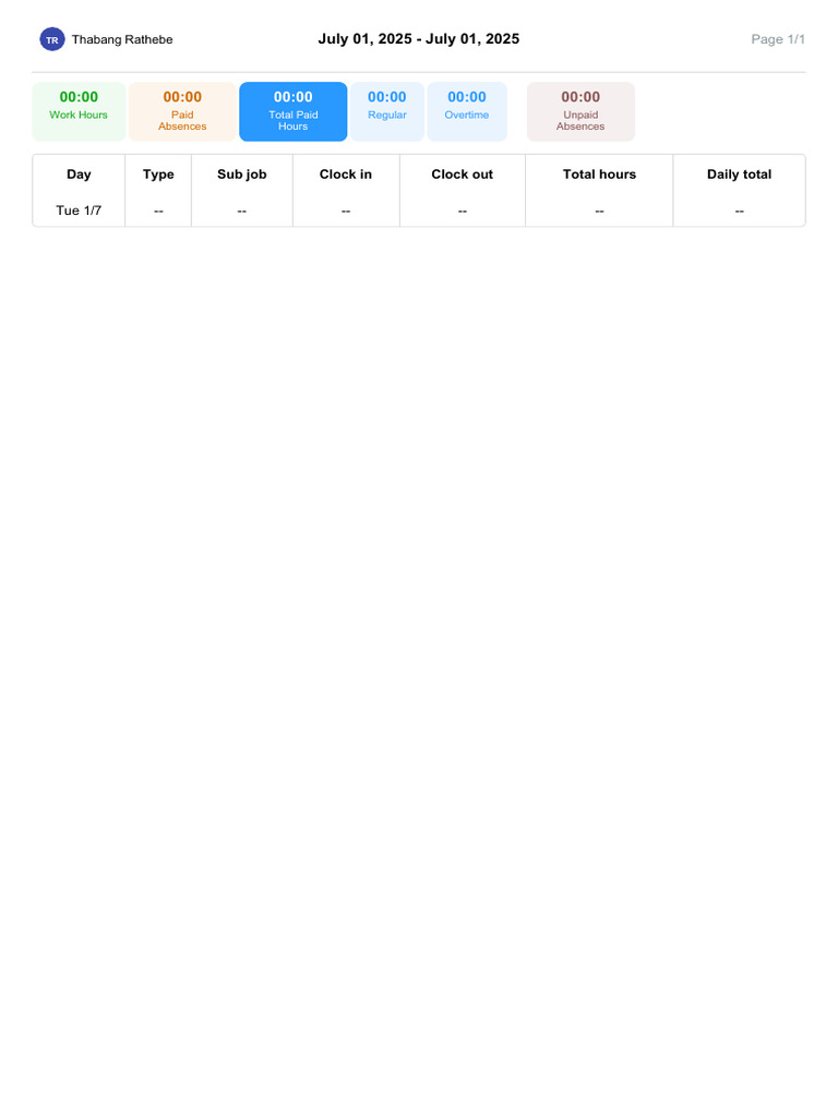 Timesheet - 2025 07 01 - 2025 07 01 | PDF