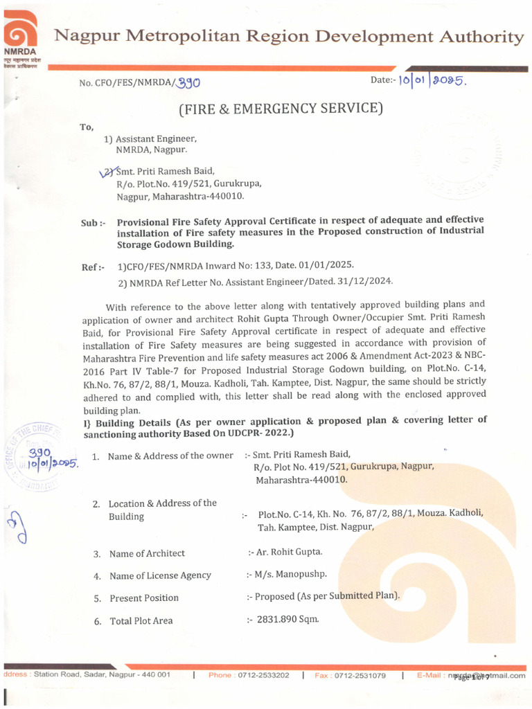 2025 1 10 Cfo Fes Nmrda 390 Priti Ramesh Baid | PDF | Fire Sprinkler ...