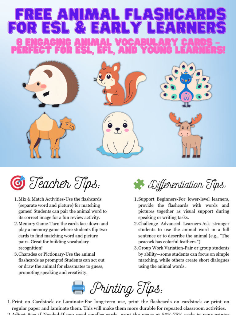 Free Animal Vocabulary Flashcards | PDF | Printer (Computing) | English ...