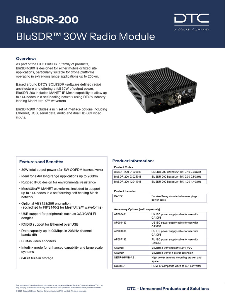 BluSDR 200 30W BluSDR Radio Module | PDF | Usb | Wireless Ad Hoc Network