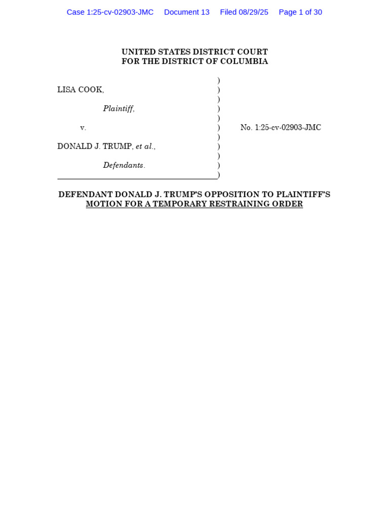 Filings Cook V TRUMP Et Al Cook V TRUMP Et Al Dcdce-25-02903 0013.0 ...