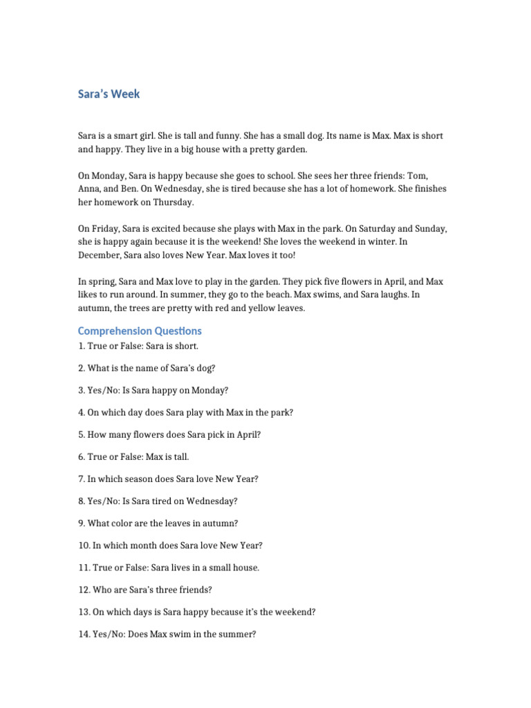 Sara Week Reading Practice | PDF