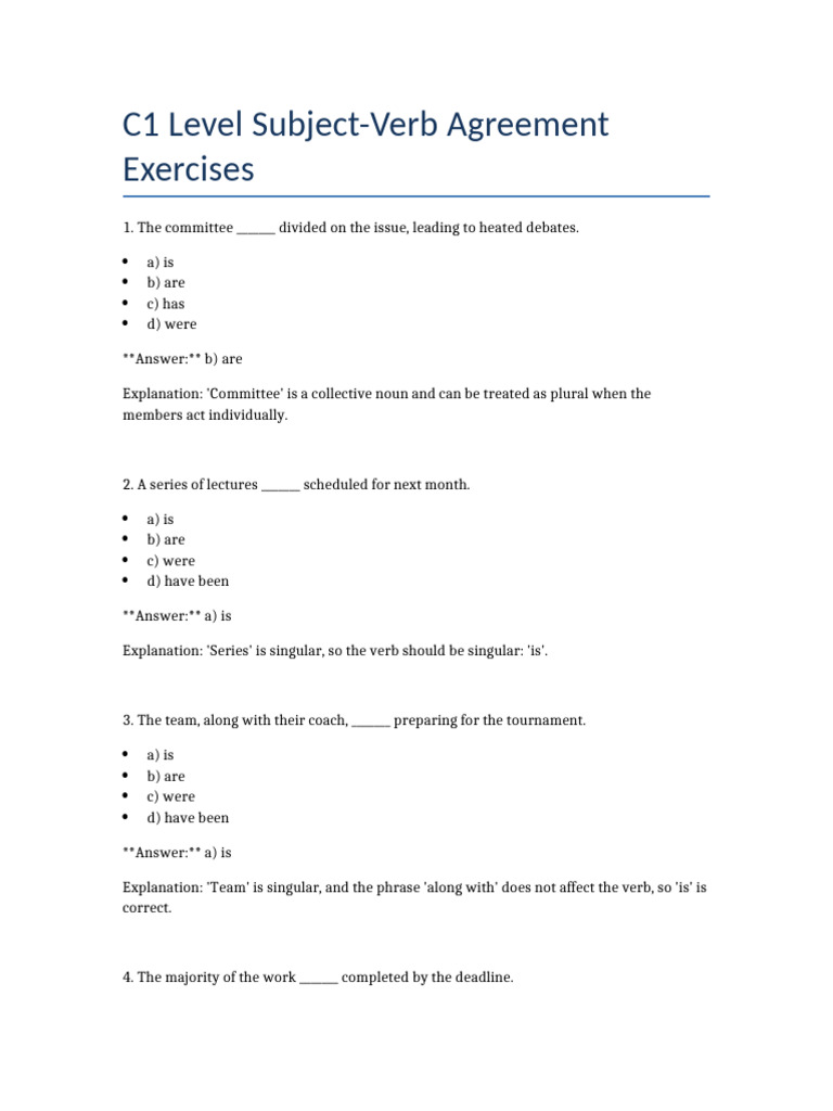 C1 Level Subject Verb Agreement Exercises | PDF | Grammatical Number | Verb