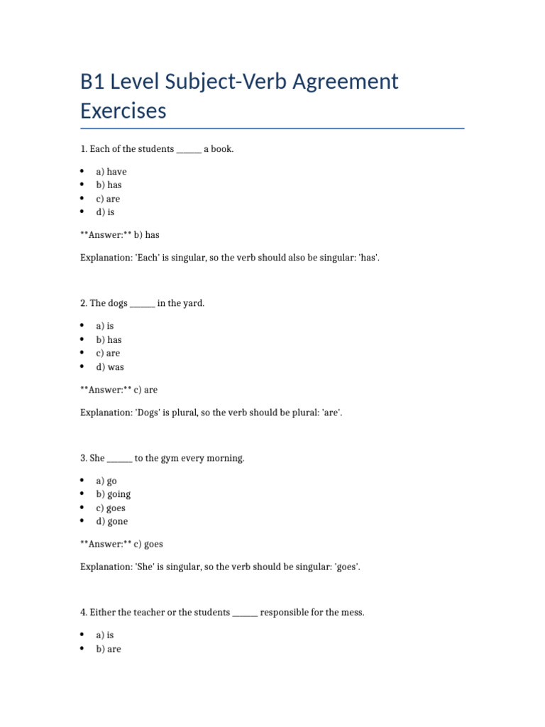 B1 Level Subject Verb Agreement Exercises | PDF | Grammatical Number ...