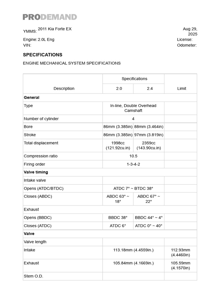 Kia 2.0L Engine Specifications | PDF | Piston | Motor Oil