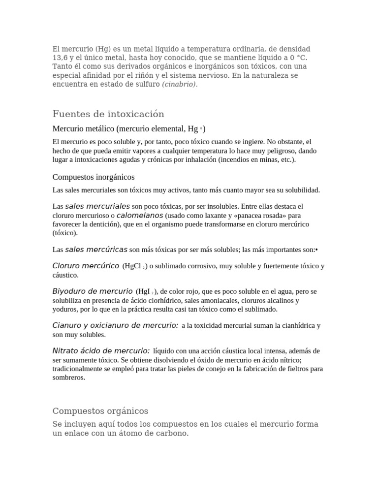 Toxicidad y fuentes de mercurio | PDF | Mercurio (Elemento) | Excreción