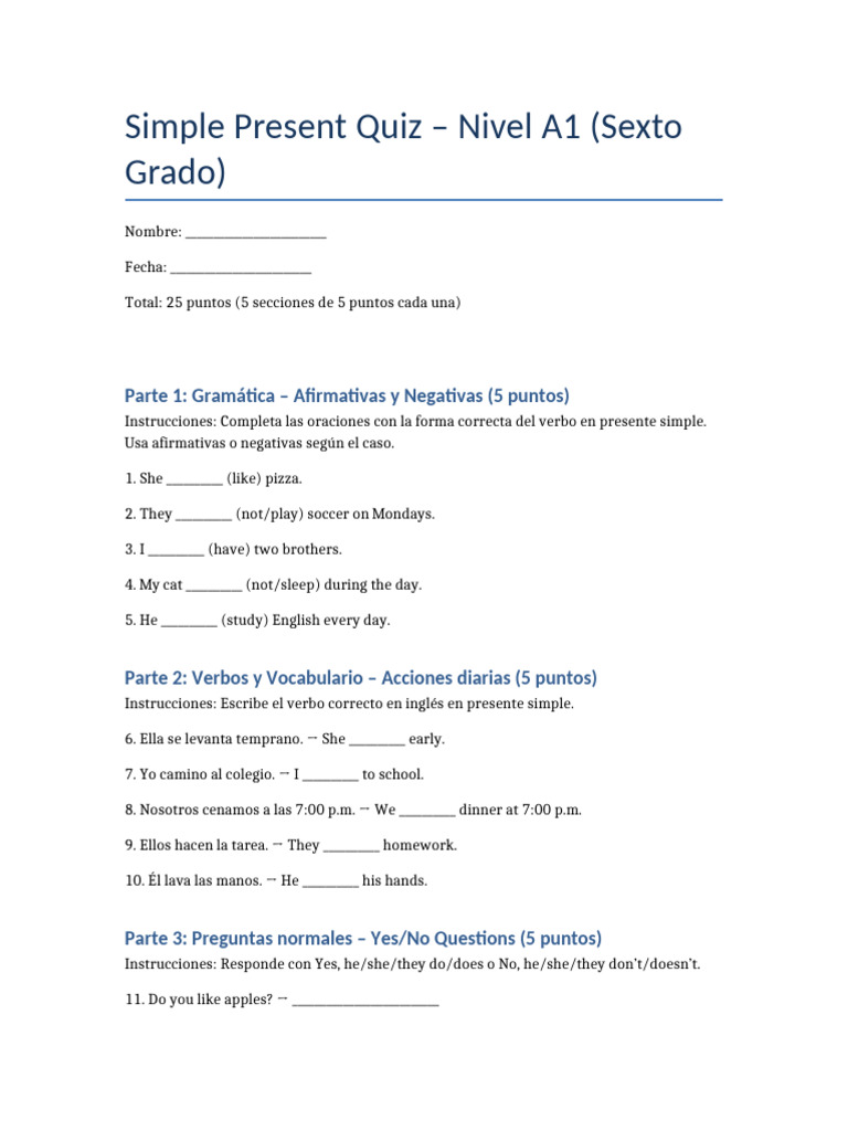 Simple Present Quiz for A1 Level Students | PDF