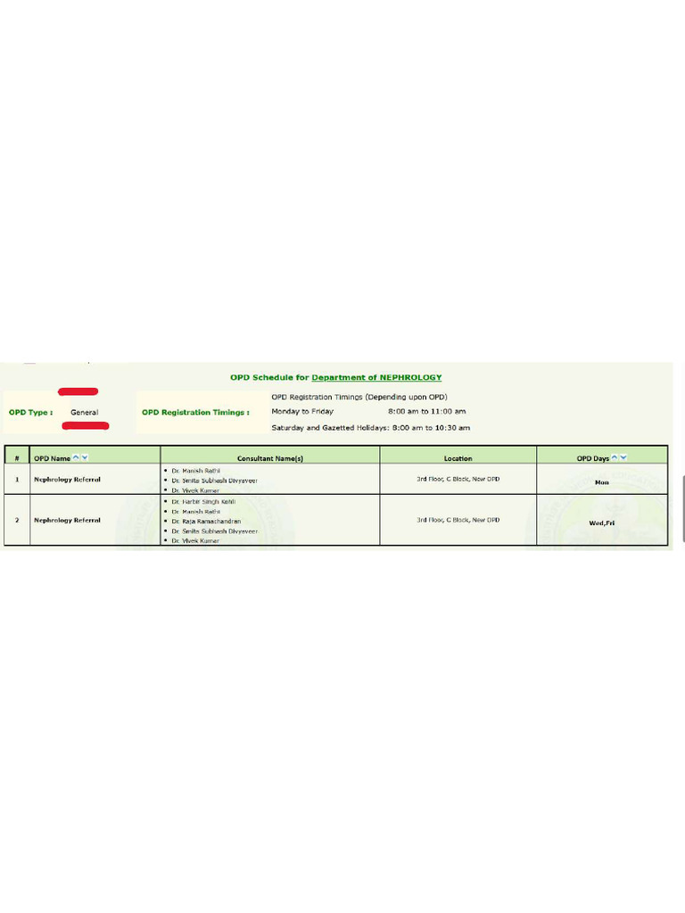 Nephrology OPD Schedule - General & Special Clinic | PDF
