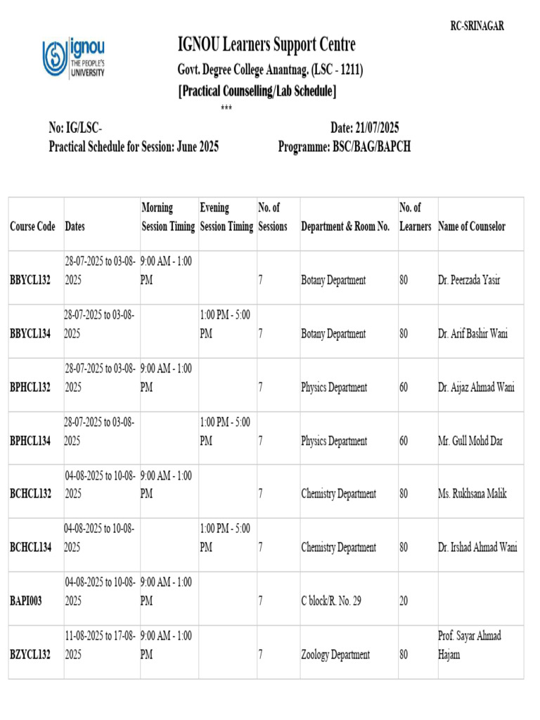 IGNOU BSC/BAG Practical Schedule 2025 | PDF