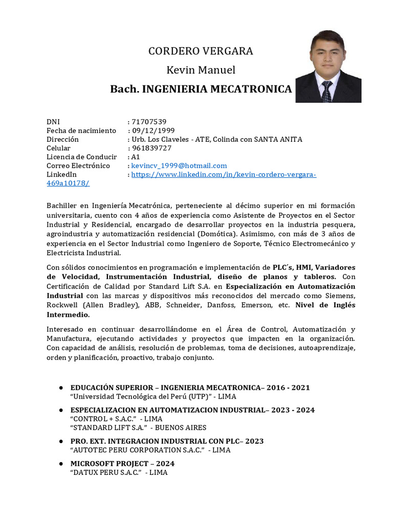 CV Kevin Cordero Vergara - Ing. Mecatrónica | PDF | Electricista ...