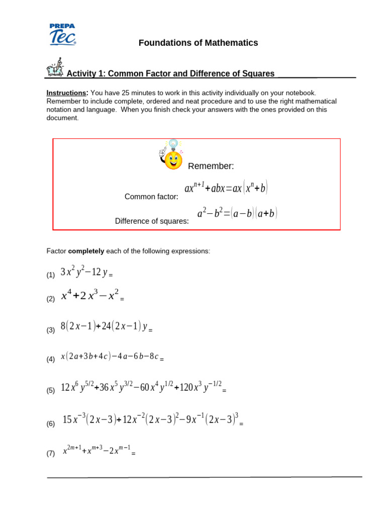 1 CW Factor Diff of Squares | PDF | Mathematics
