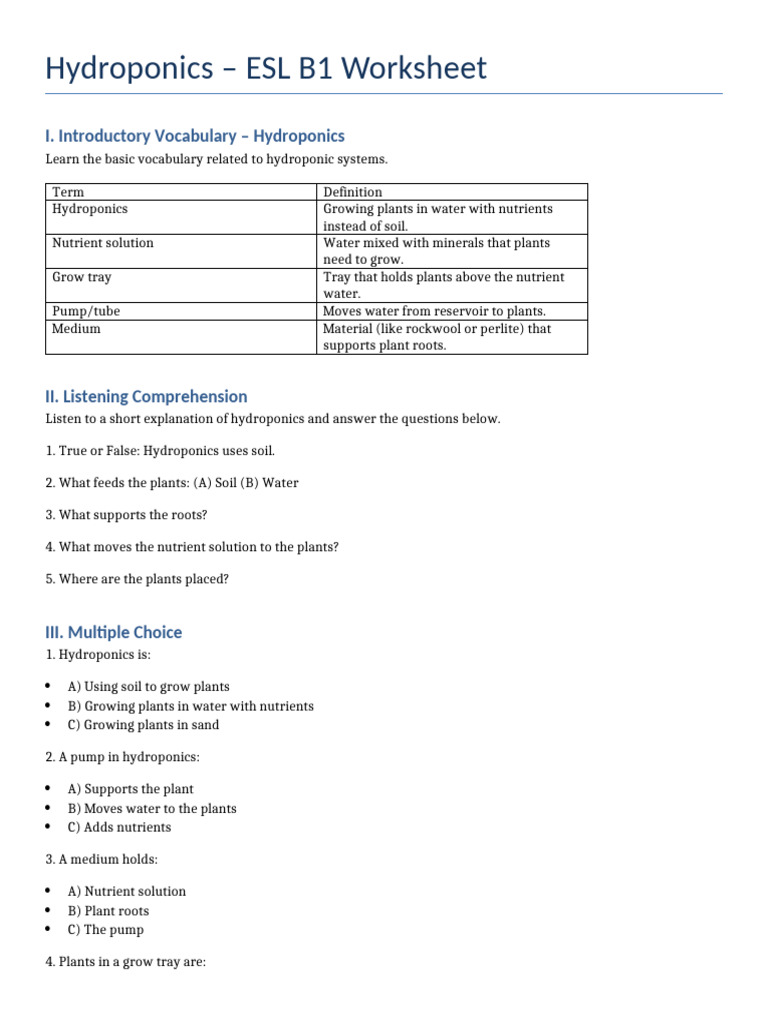 Hydroponics ESL B1 Worksheet | PDF | Hydroponics | Horticulture