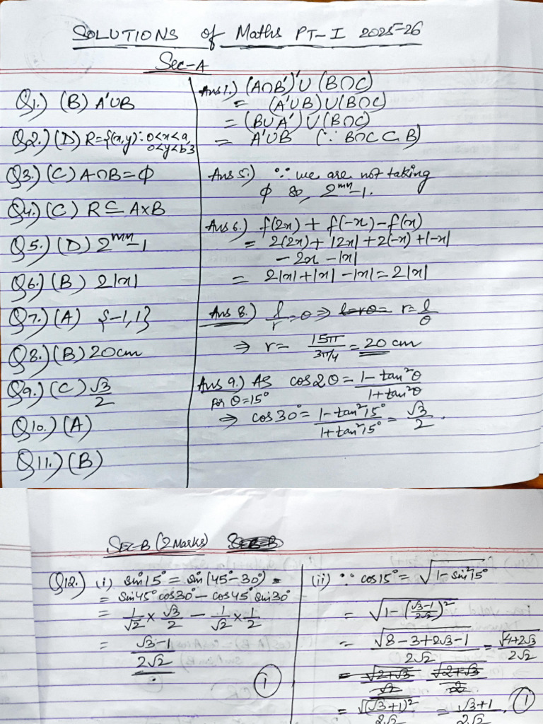 Maths Soln Pt 1 Xi 2025-26 | PDF