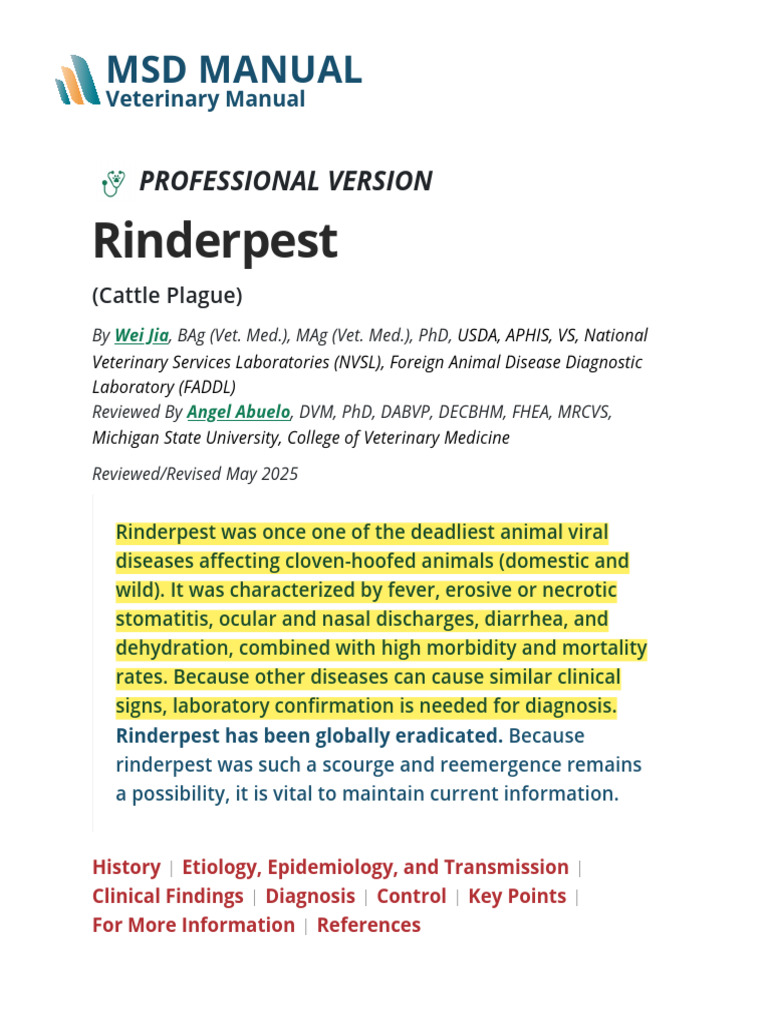 Rinderpest - Generalized Conditions - MSD Veterinary Manual | PDF ...