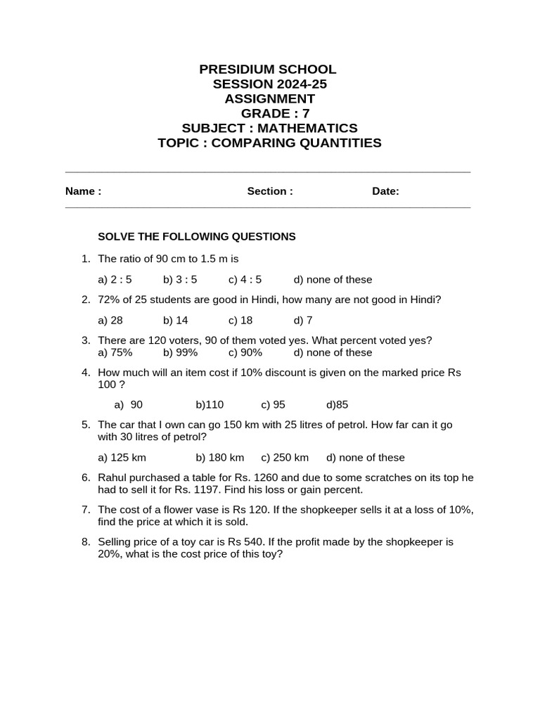 Grade 7 Math Assignment: Comparing Quantities | PDF | Percentage | Interest