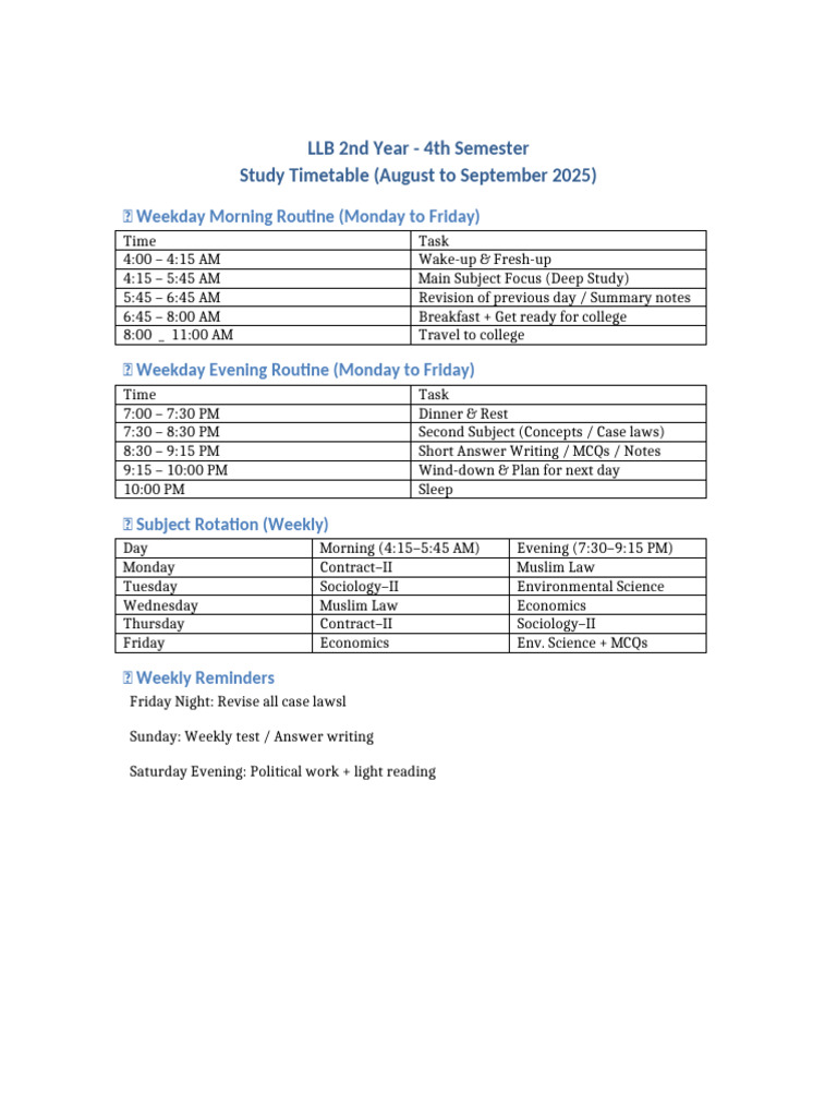 LLB 4th Sem Study Timetable | PDF