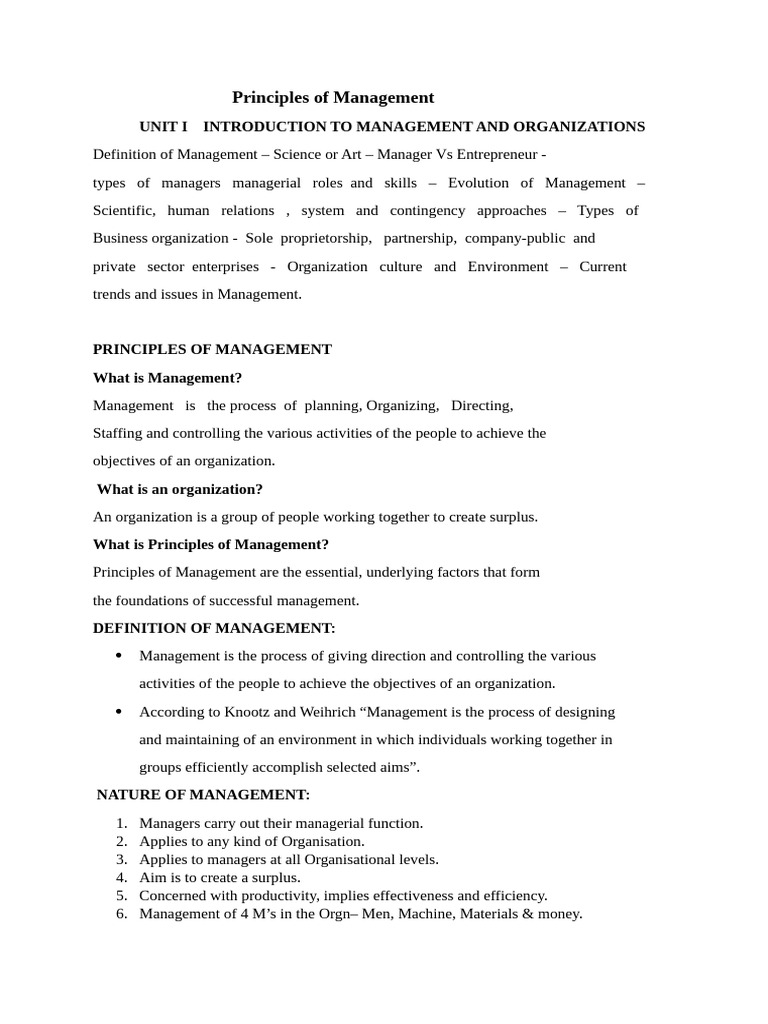 Principles of Management: Unit 1 Notes | PDF | System | Operations ...