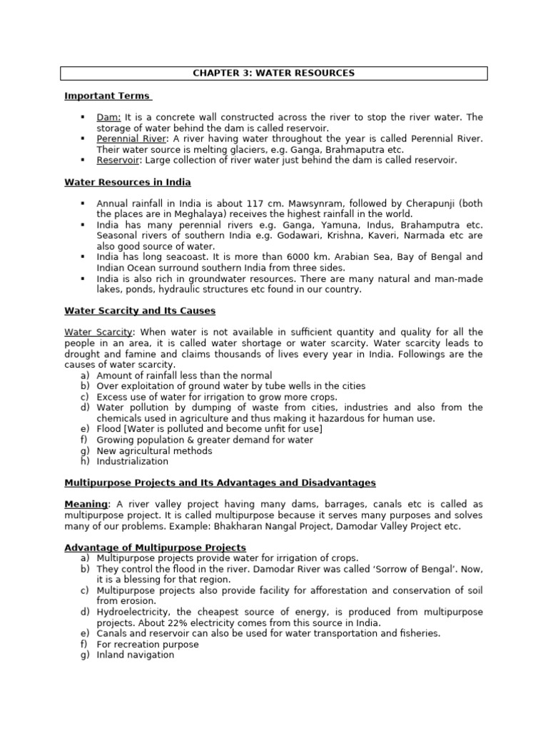 CH 3 Water Resources Geo Notes Class X | PDF | Water | Water Scarcity