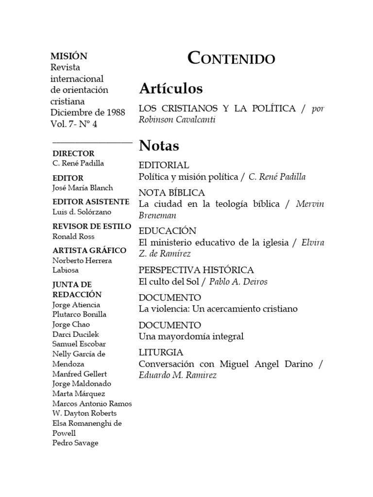 MISION 26-1988 Los Cristianos y - C. Rene Padilla | PDF | Dios | Estado ...