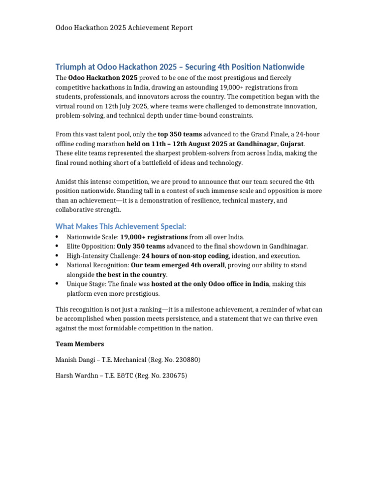 Odoo Hackathon 2025 Report With Expenditure | PDF