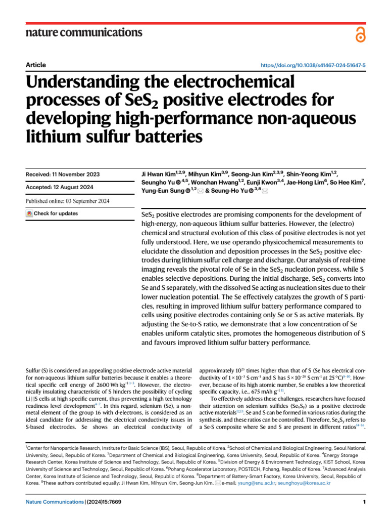 Understanding The Electrochemical Processes of SeS2 Positive Electrodes ...