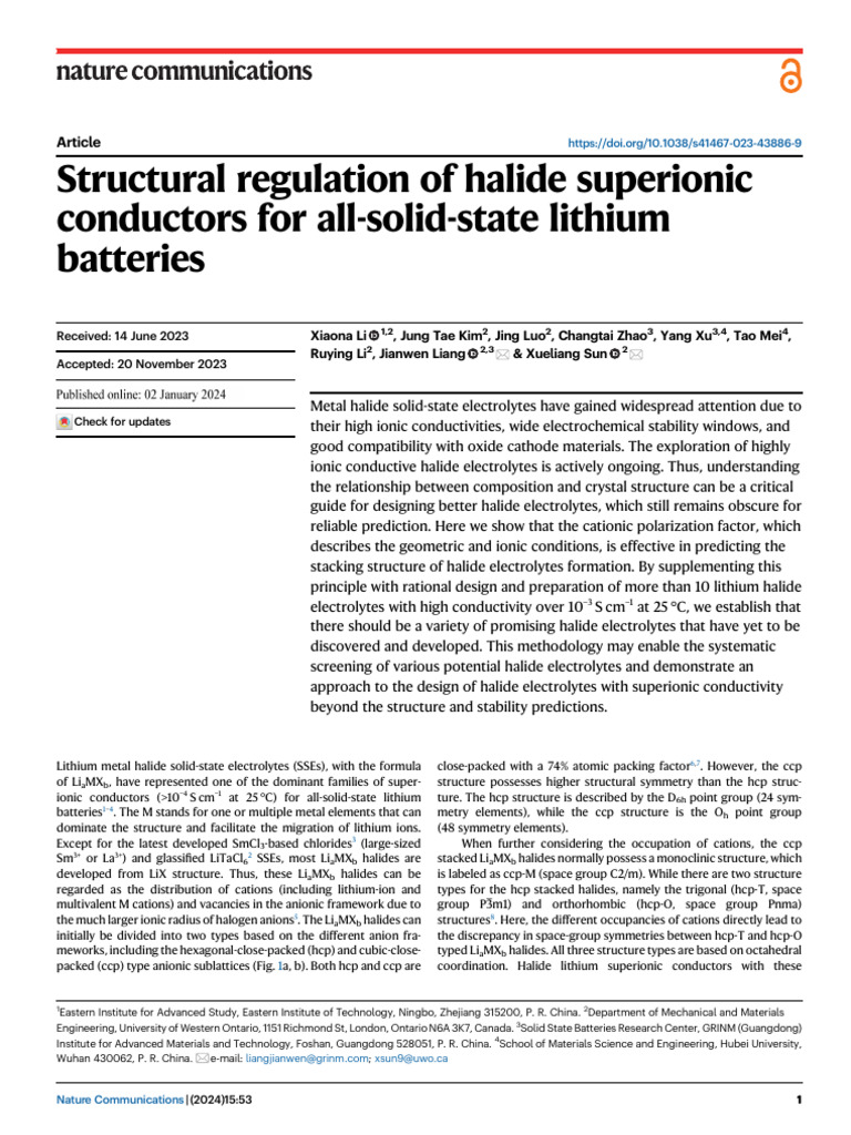 Halide Superionic Conductors for Batteries | PDF | Ion | Ionic Bonding