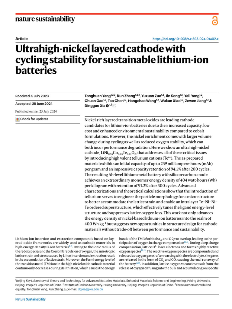 Ultrahigh-Nickel Layered Cathode With Cycling Stability For Sustainable ...