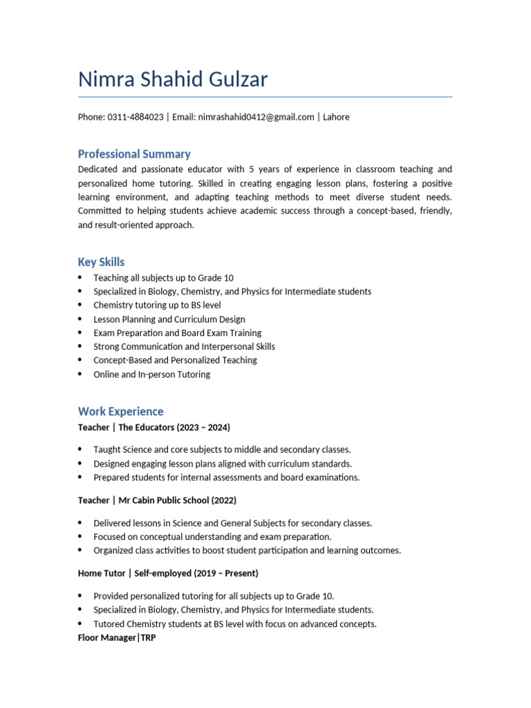 Nimra Shahid Gulzar CV T | PDF