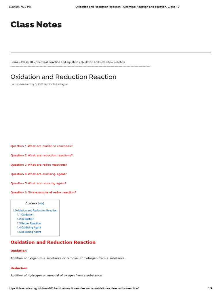 Oxidation and Reduction Reactions Explained | PDF | Redox | Chemical ...