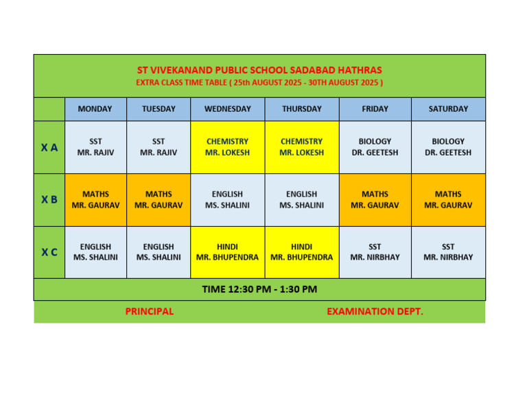 Extra Class Timetable August 2025 | PDF