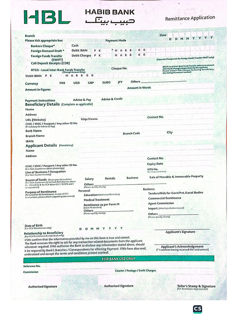 HBL - Remittance Application Form | PDF