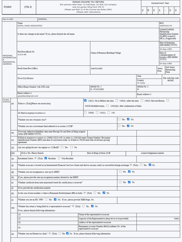 ITR-5 Sample for Business Entities | PDF | Income Tax | Expense
