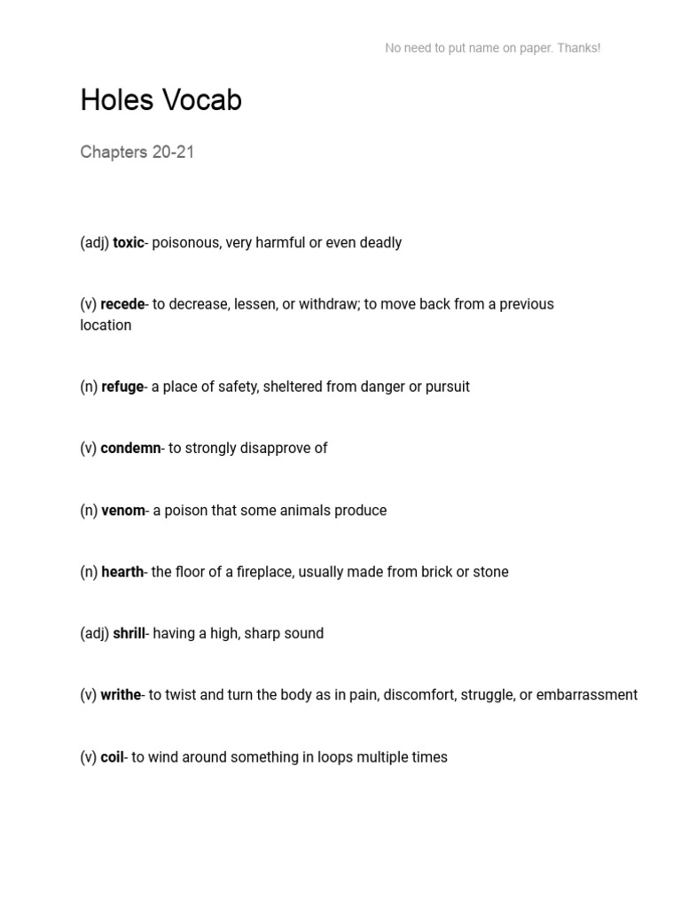 Holes Vocab Chapters 20-21 | PDF