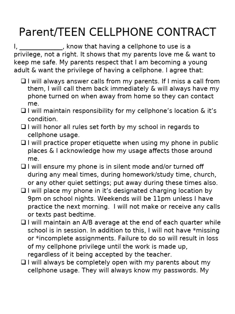 Parent-Teen Cellphone Agreement | PDF | Mobile Phones