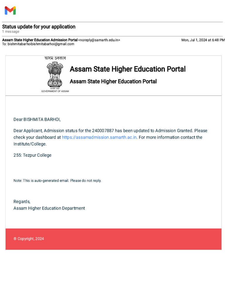 Gmail - Status Update For Your Application | PDF