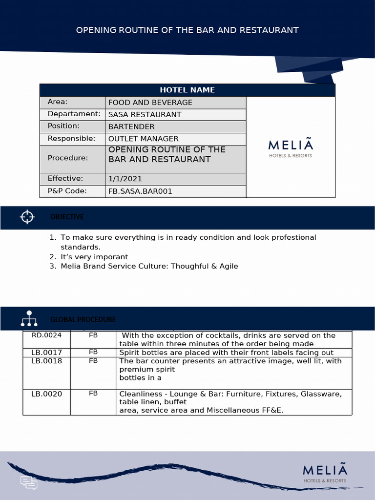 Bar and Restaurant Opening Checklist | PDF | Housekeeping | Candle