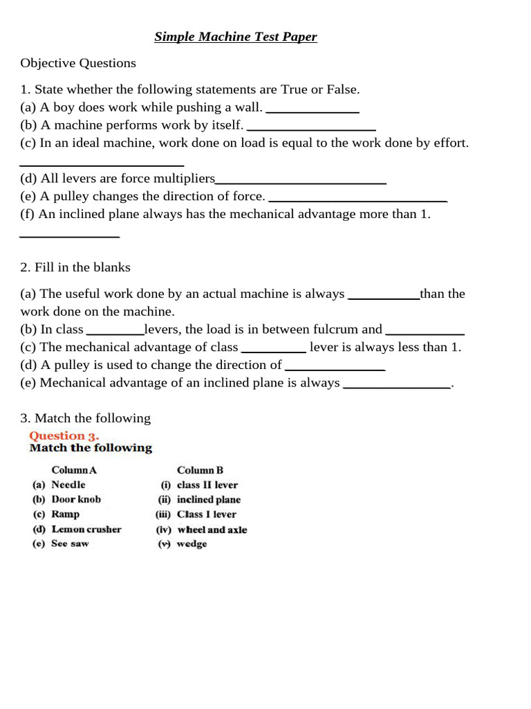 Simple Machines Test Paper and Answers | PDF | Lever | Machines
