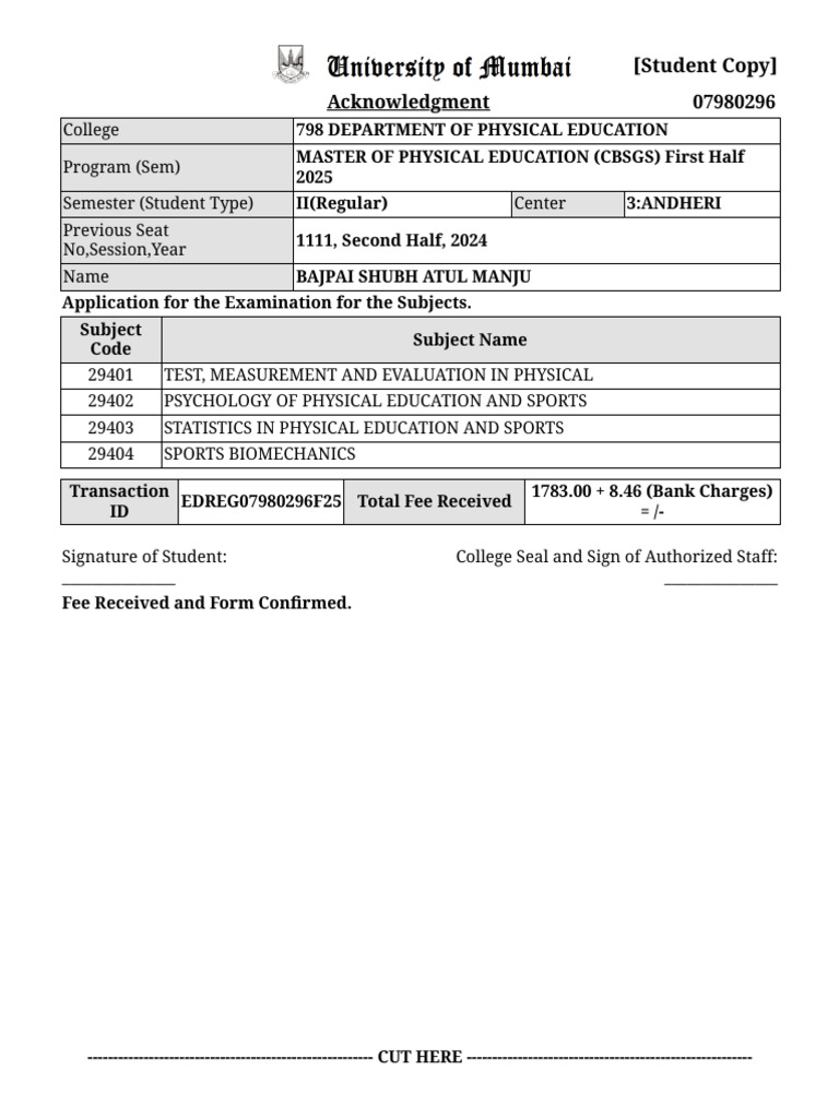 Exam Form Acknowledgment | PDF