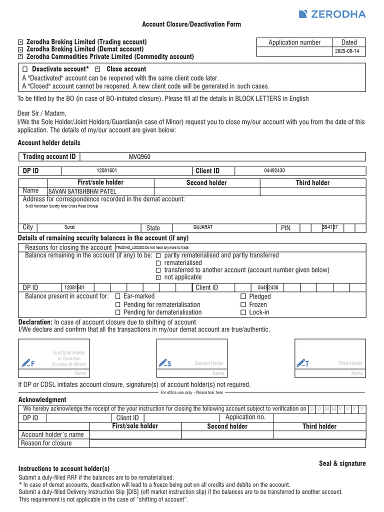 Zerodha Account Closure Request Form | PDF | Financial Services
