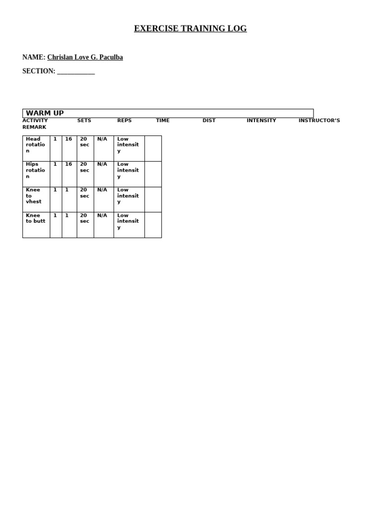 Weekly Exercise Training Log | PDF