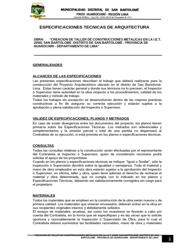 Especificaciones Tecnicas Arquitectura Final | PDF | Pintar | Ladrillo