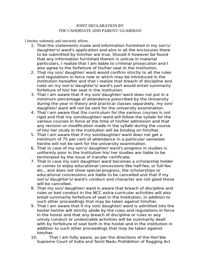 Candidate and Guardian Joint Declaration | PDF | Common Law | Justice