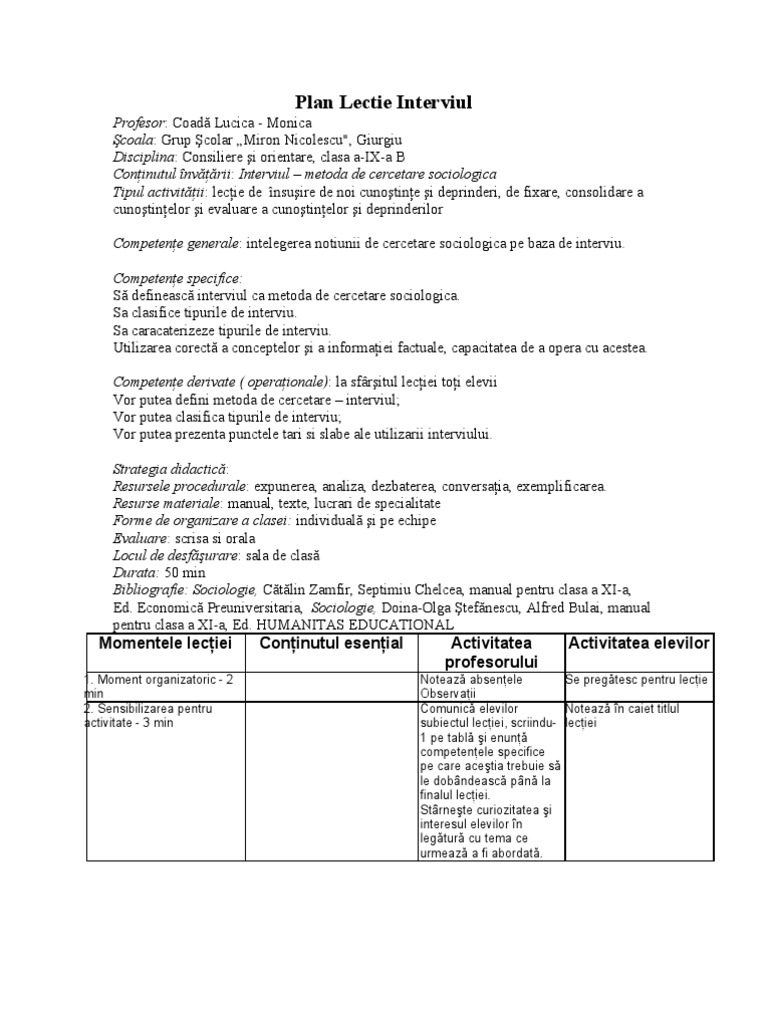 Plan Lectie Interviul | PDF