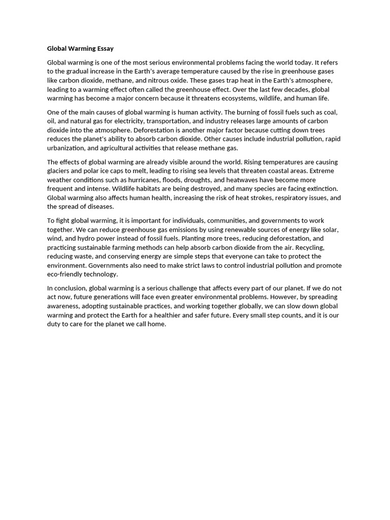 Global Warming Essay | PDF | Climate Change | Greenhouse Gas