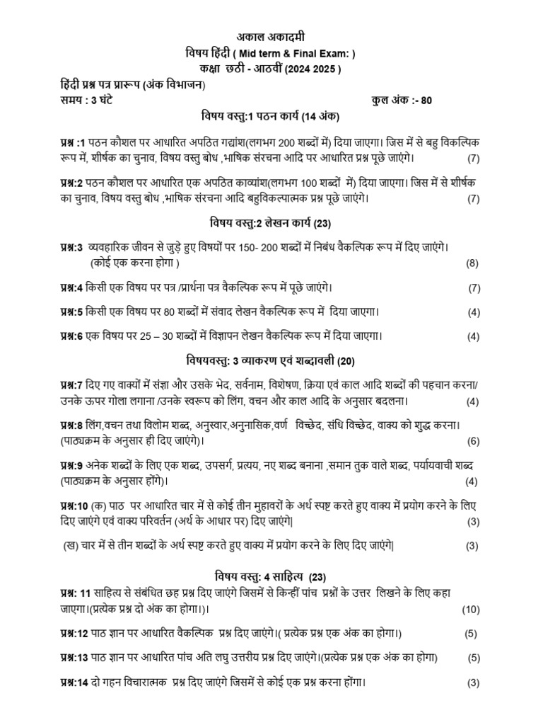 Grade 6-8 Hindi Mid Term Blueprints & Model Question Paper | PDF