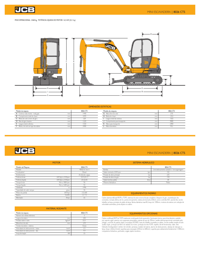 Mini Escavadeira JCB 8026 CTS: Especificações | PDF | Motores | Bomba