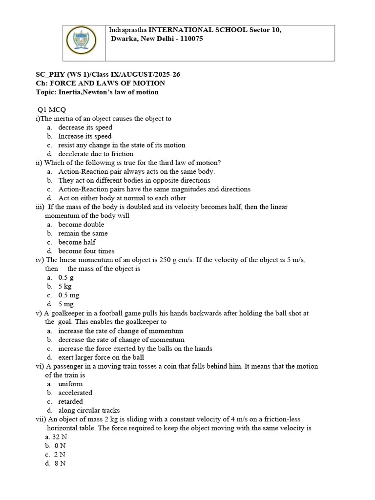 Assignment Force and Laws of Motion | PDF | Force | Newton's Laws Of Motion