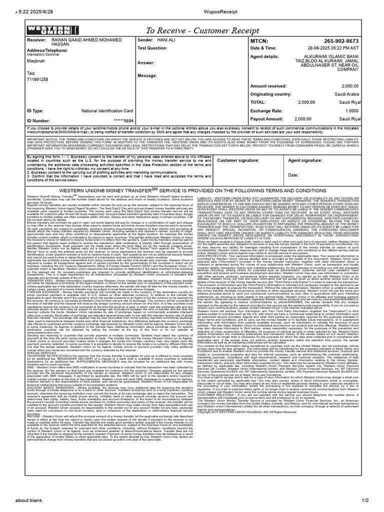 Western Union Transfer Receipt Details | PDF | Wire Transfer | Western ...