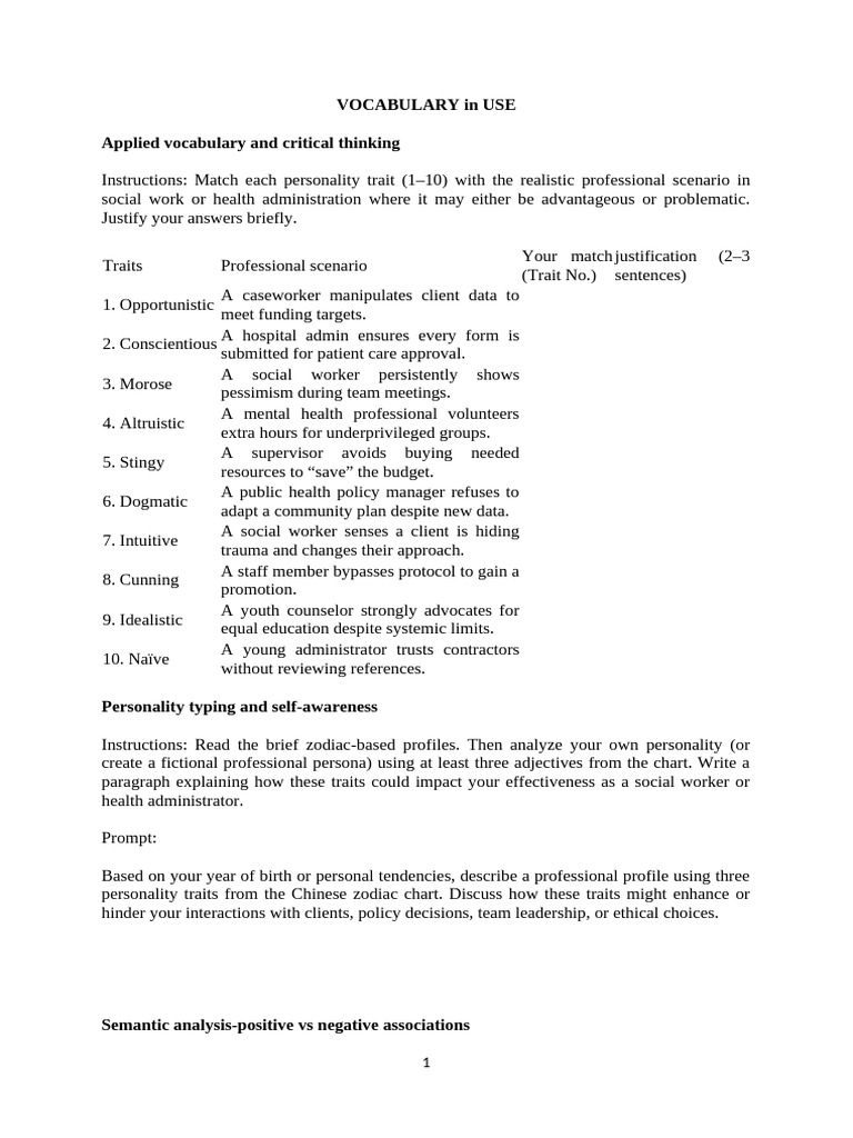 Personality Traits in Social Work Scenarios | PDF | Alternative ...