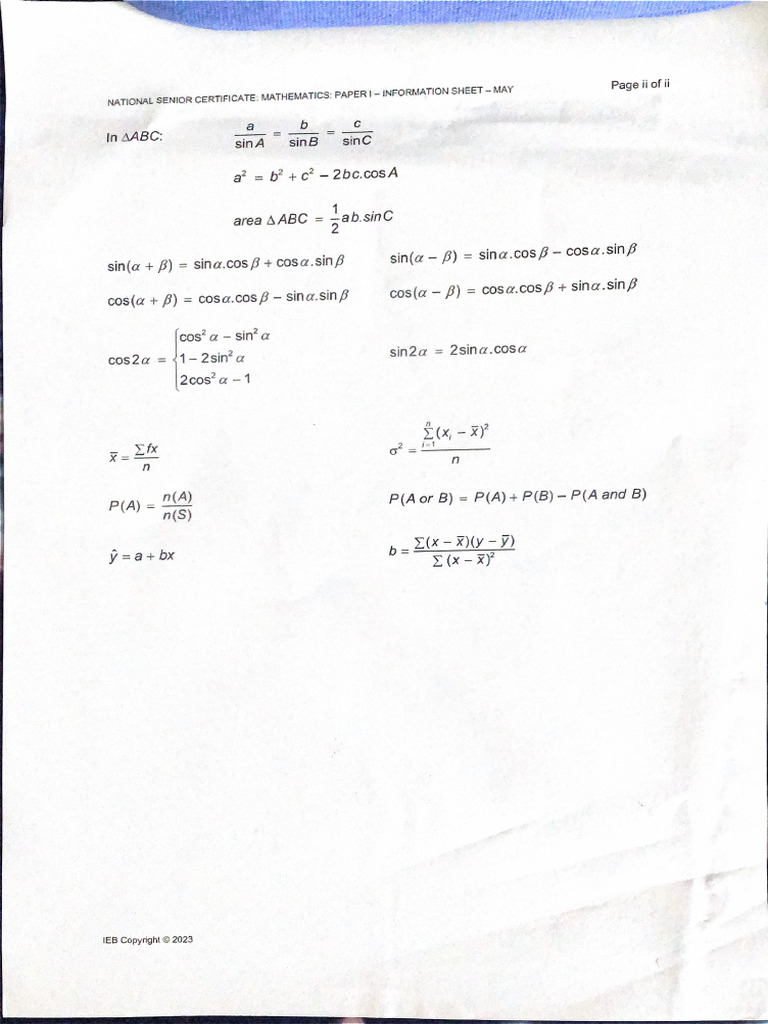 Maths IEB Formula Sheet | PDF